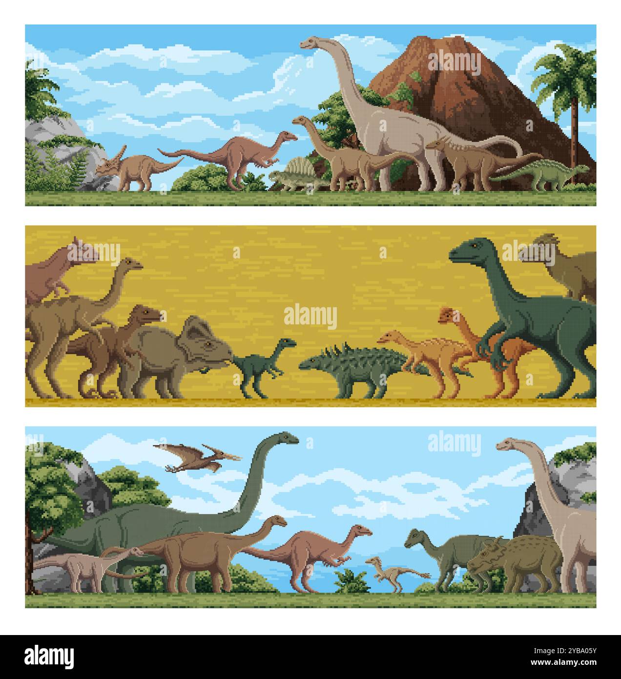 8 bit pixel art dinosaurs and cartoon Jurassic lizards in prehistoric ...