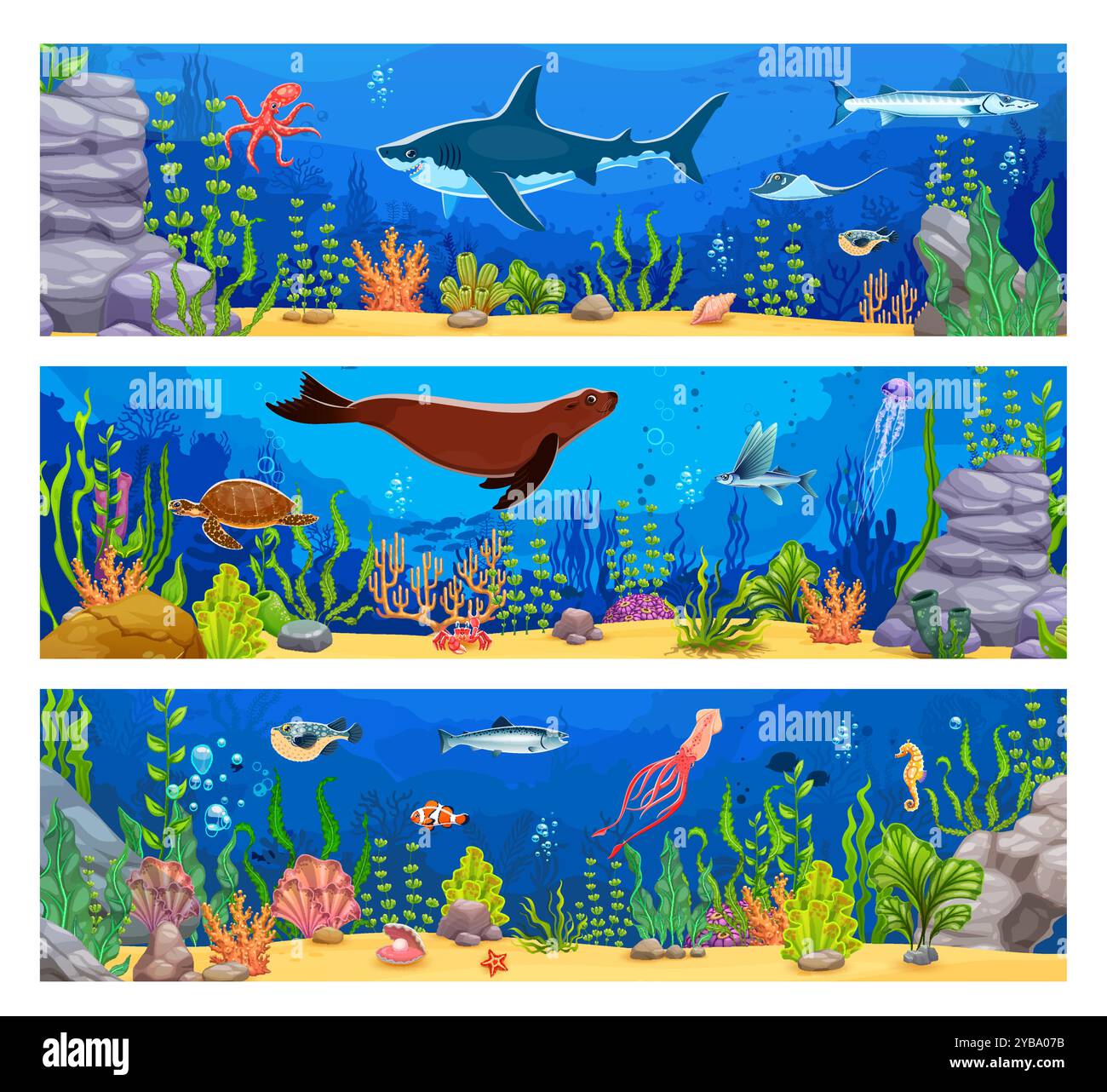 Underwater sea landscape banners with ocean animals. Cartoon undersea ...