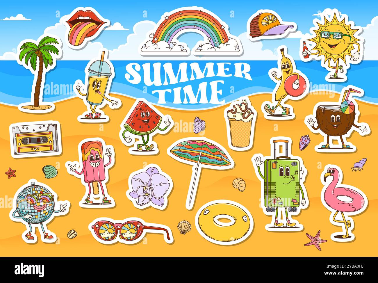 Retro cartoon groovy travel stickers pack. Vector set of summer-themed ...