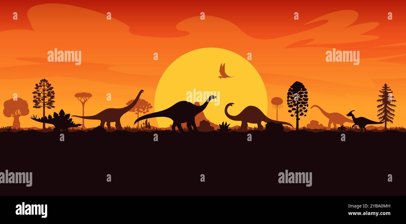 Dinosaurs silhouettes on sunset landscape of prehistoric Jurassic era ...