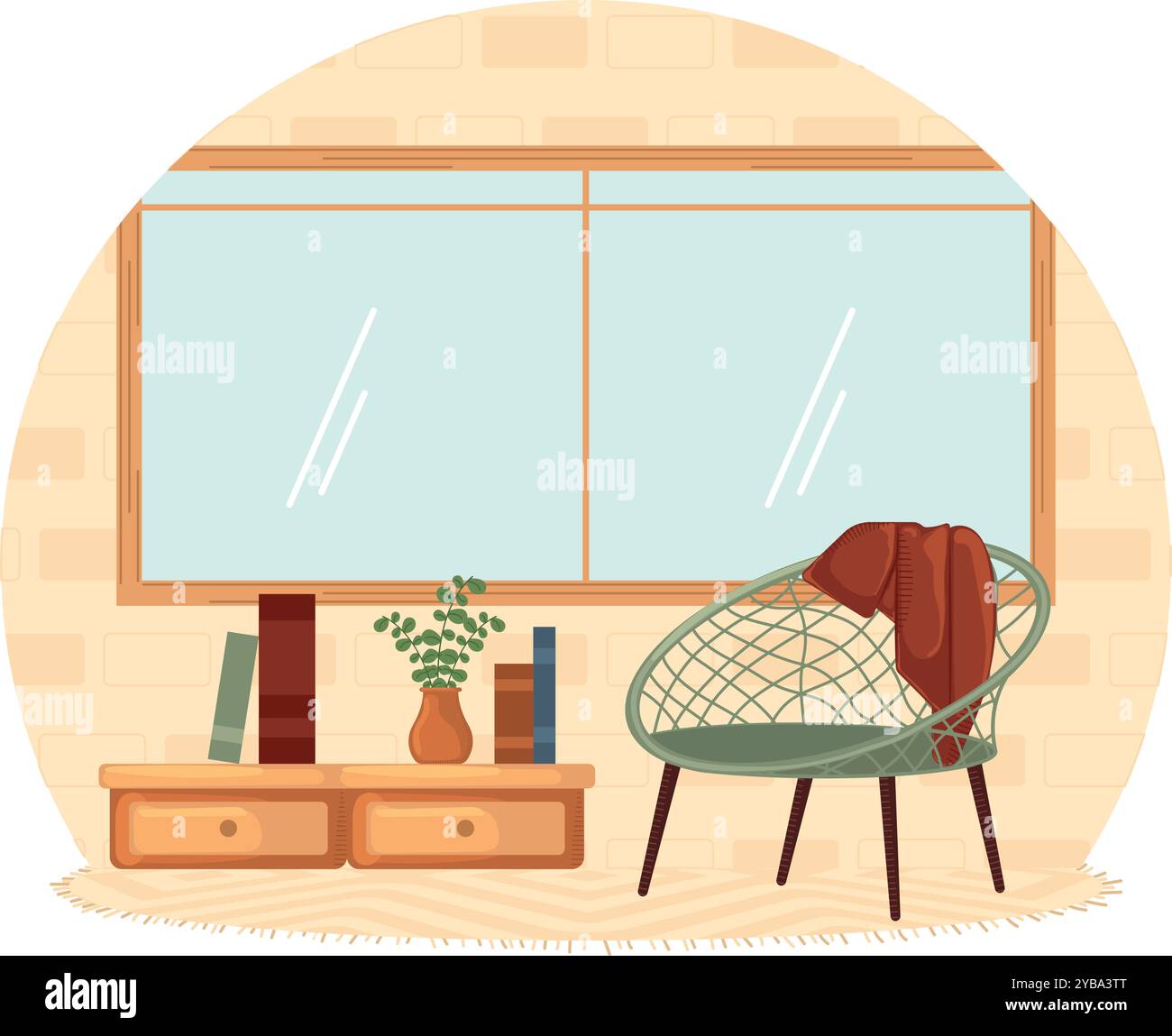 Living room with bookshelf, chair, and large window, Vector Stock ...