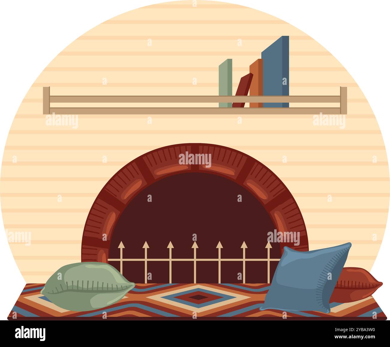 Cozy fireplace corner with pillows and bookshelf, Vector Stock Vector ...