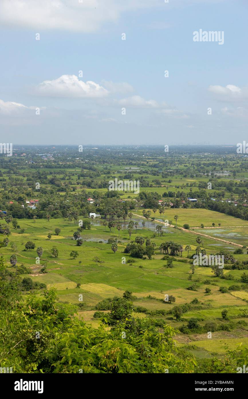 Scenic view of rice fields and palm trees from Chisor Mountain, Takéo ...