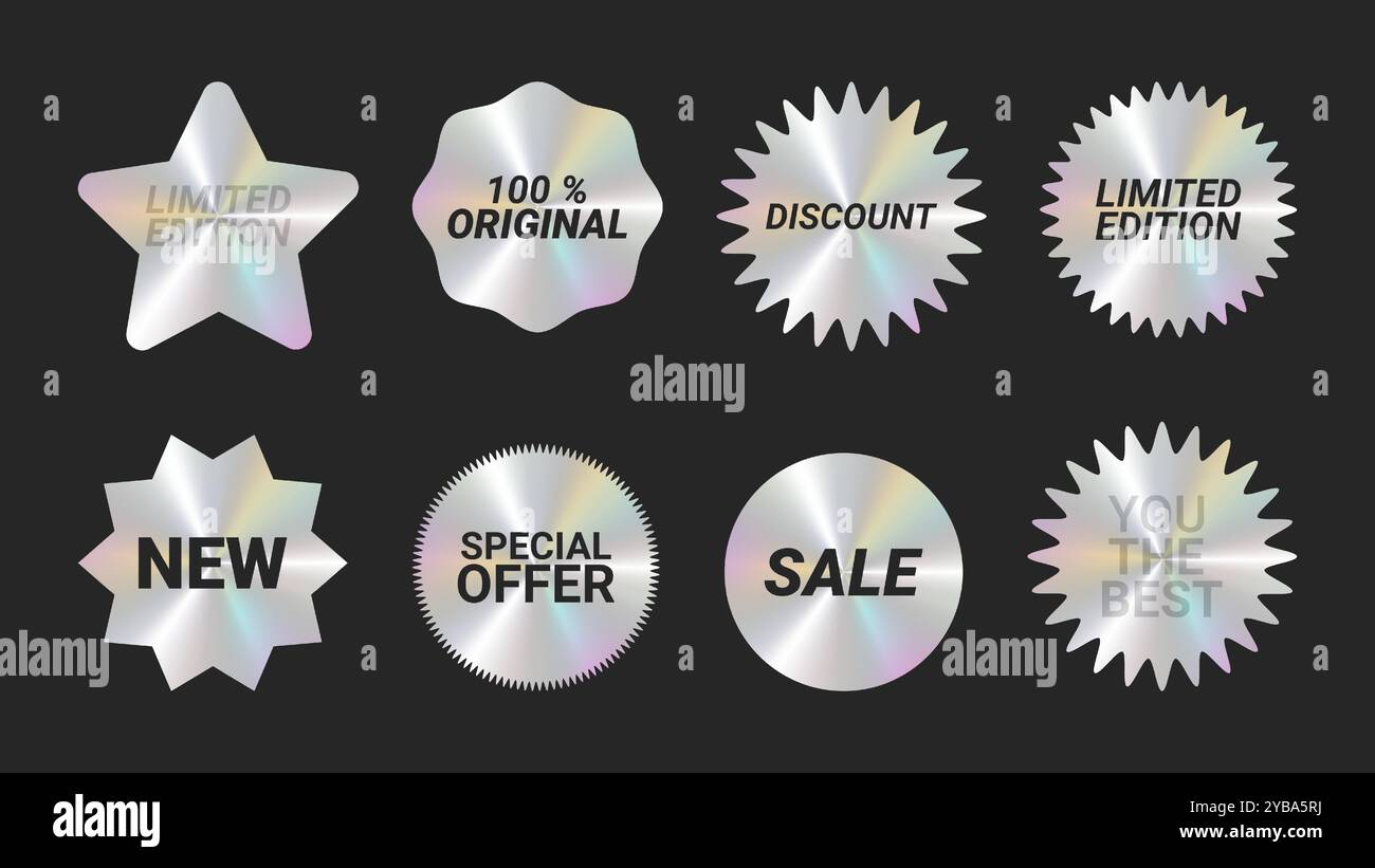 Holographic stickers logos emblem labels color set. Star uneven circle ...