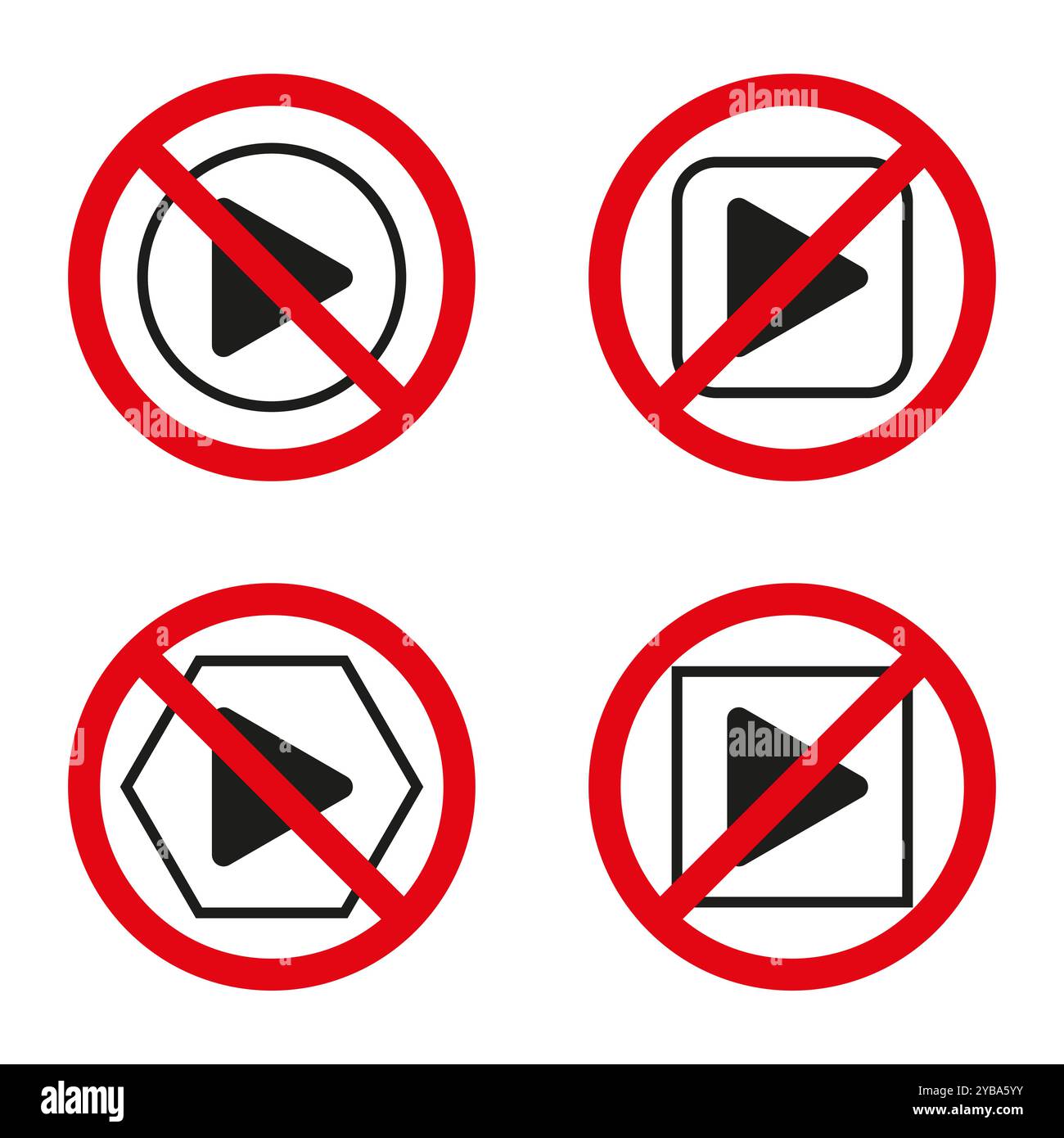Prohibited play icons. Red circle play buttons. Stop multimedia symbols ...