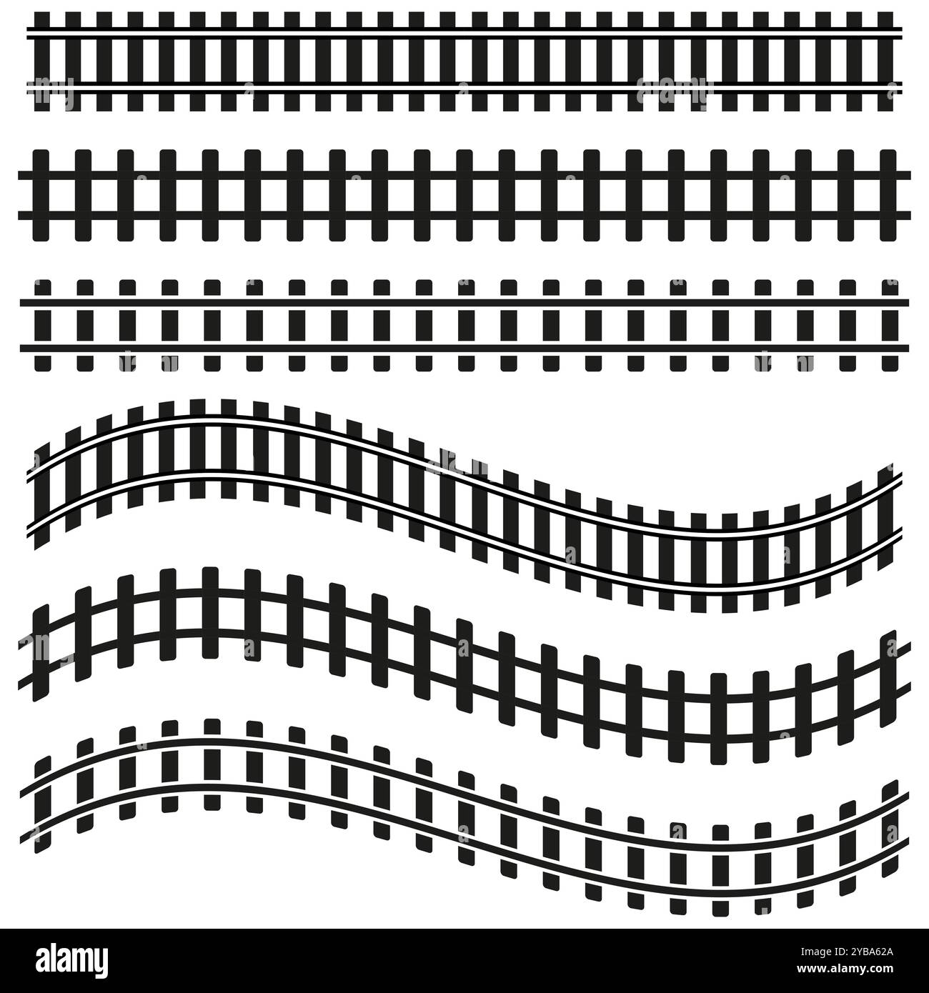 Railroad track icon. Curved and straight rails. Transportation symbol. Black and white vector ...