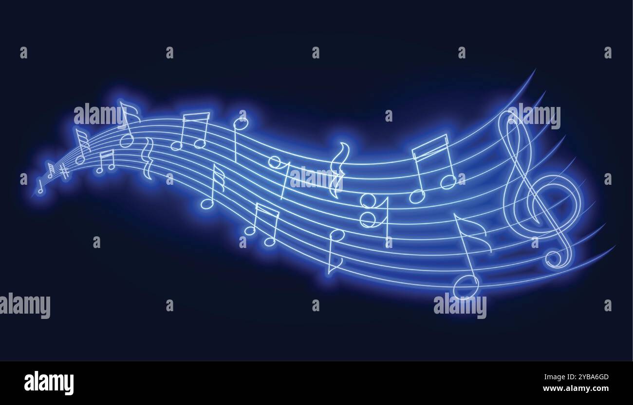 musical pentagram sound waves notes in blue neon style Stock Vector ...