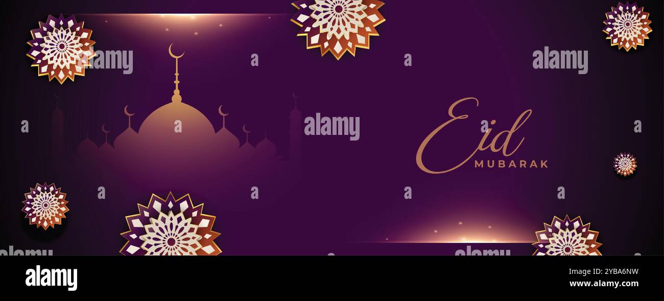 holy allah wishes eid mubarak purple shiny banner design Stock Vector ...
