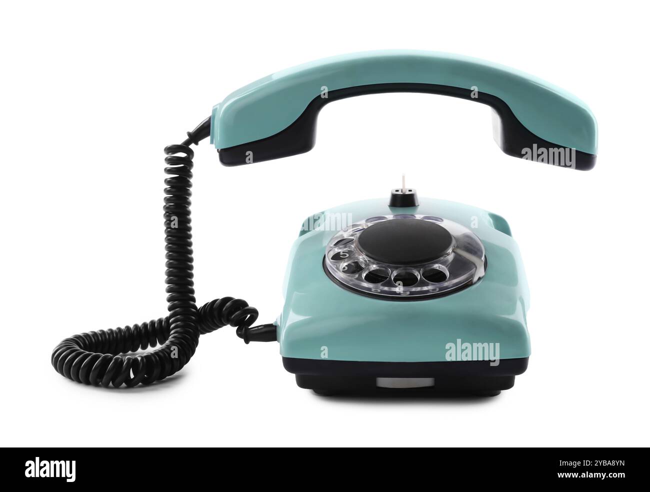 Old light blue telephone with rotary dial isolated on white Stock Photo ...