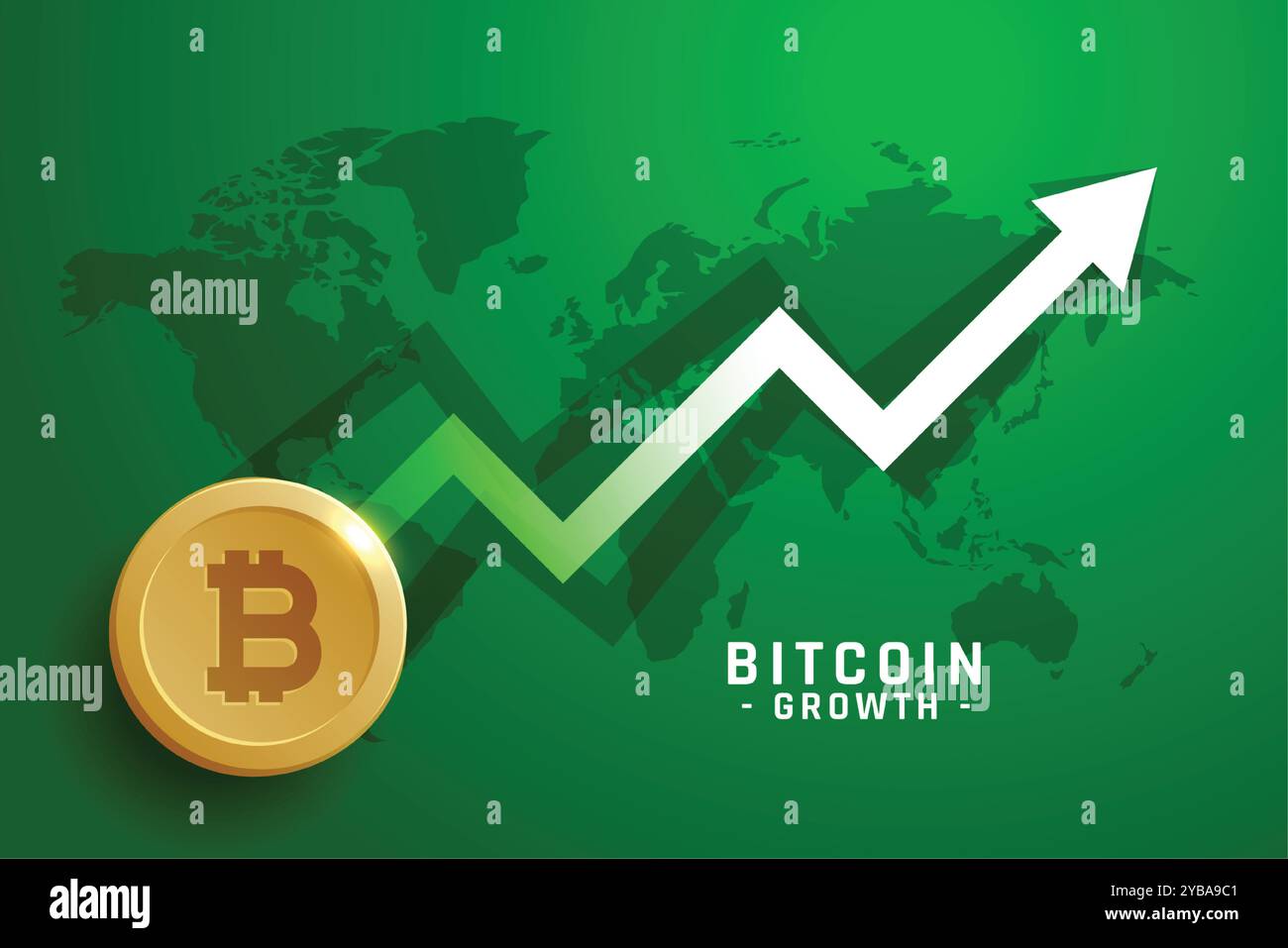 golden bitcoin with growth arrow on green background with world map ...