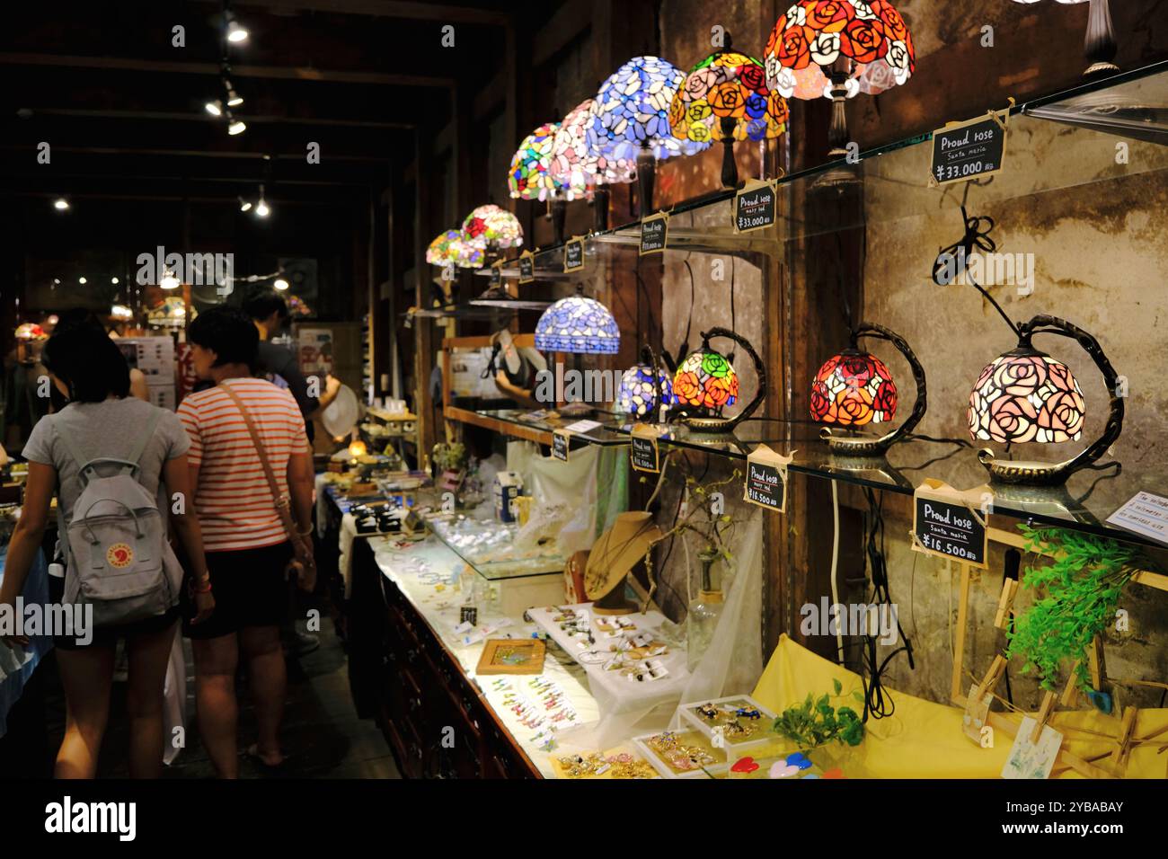 Glass made lamp shades and other glass products display inside of Otaru ...