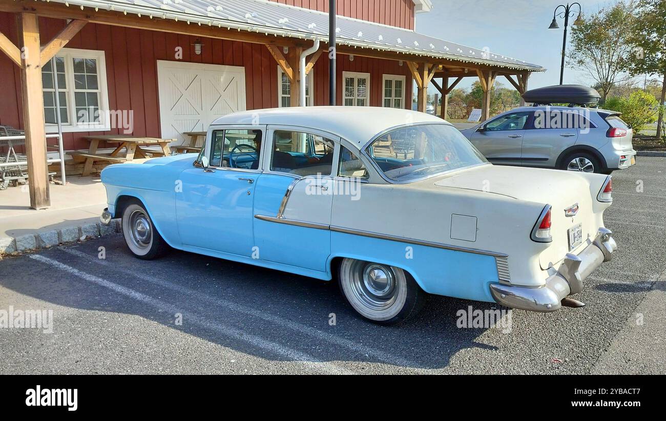 Classic blue and white 1950s Chevrolet Bel Air Sedan, seen in central ...