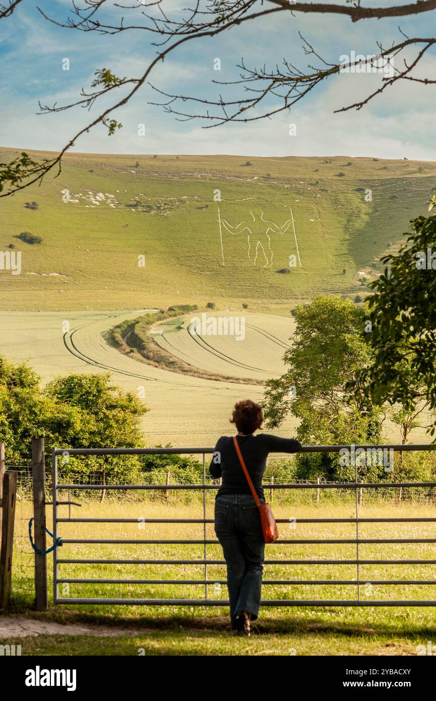 Long man of Wilmington, chalk carving in landscape, East Sussex ...