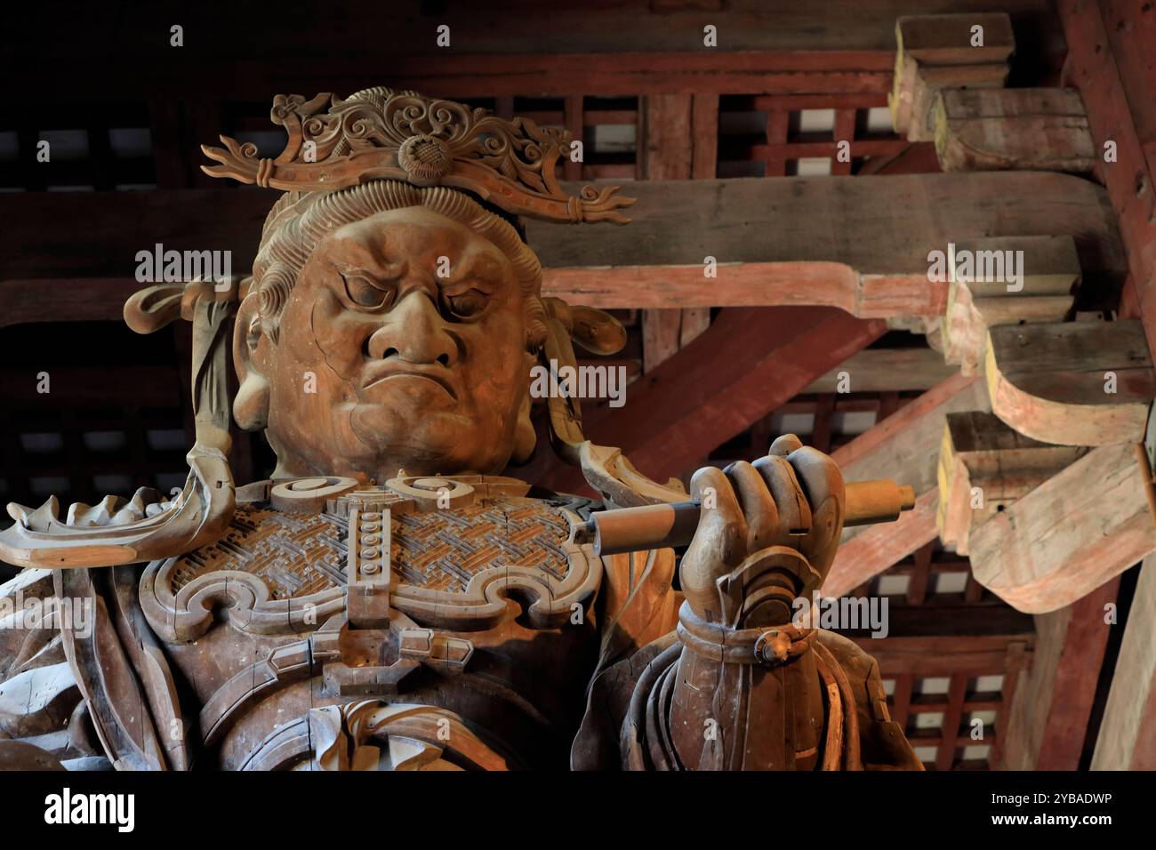 A closed up view of wooden statue of Komokuten in the Great Buddha Hall ...