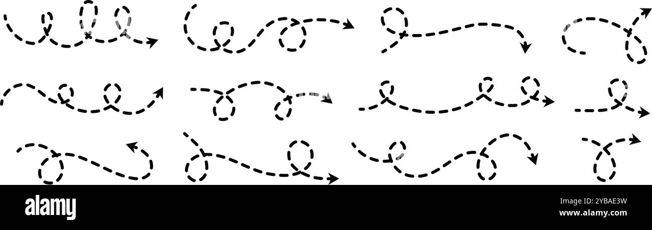 Comic dotted thin arrow set. Wavy curved dash pointer collection ...