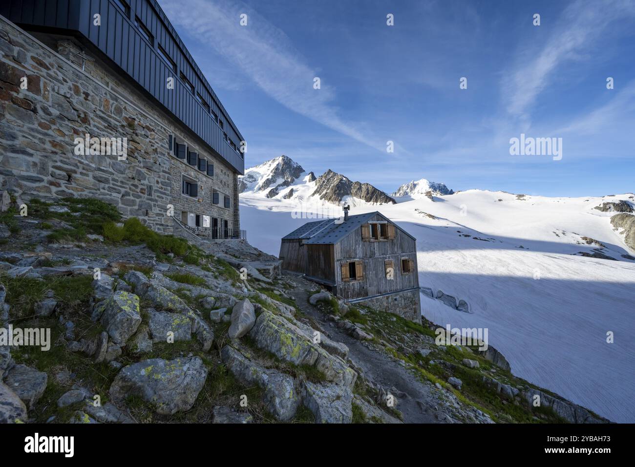 Old and new mountain hut Refuge Albert 1er, high alpine mountain ...