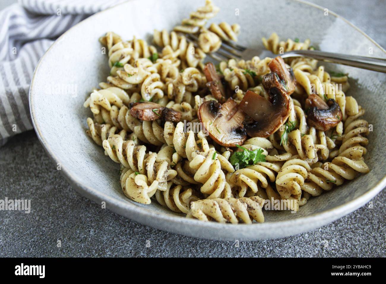 Fusilli pasta, in creamy mushroom sauce, pasta with mushrooms, homemade ...