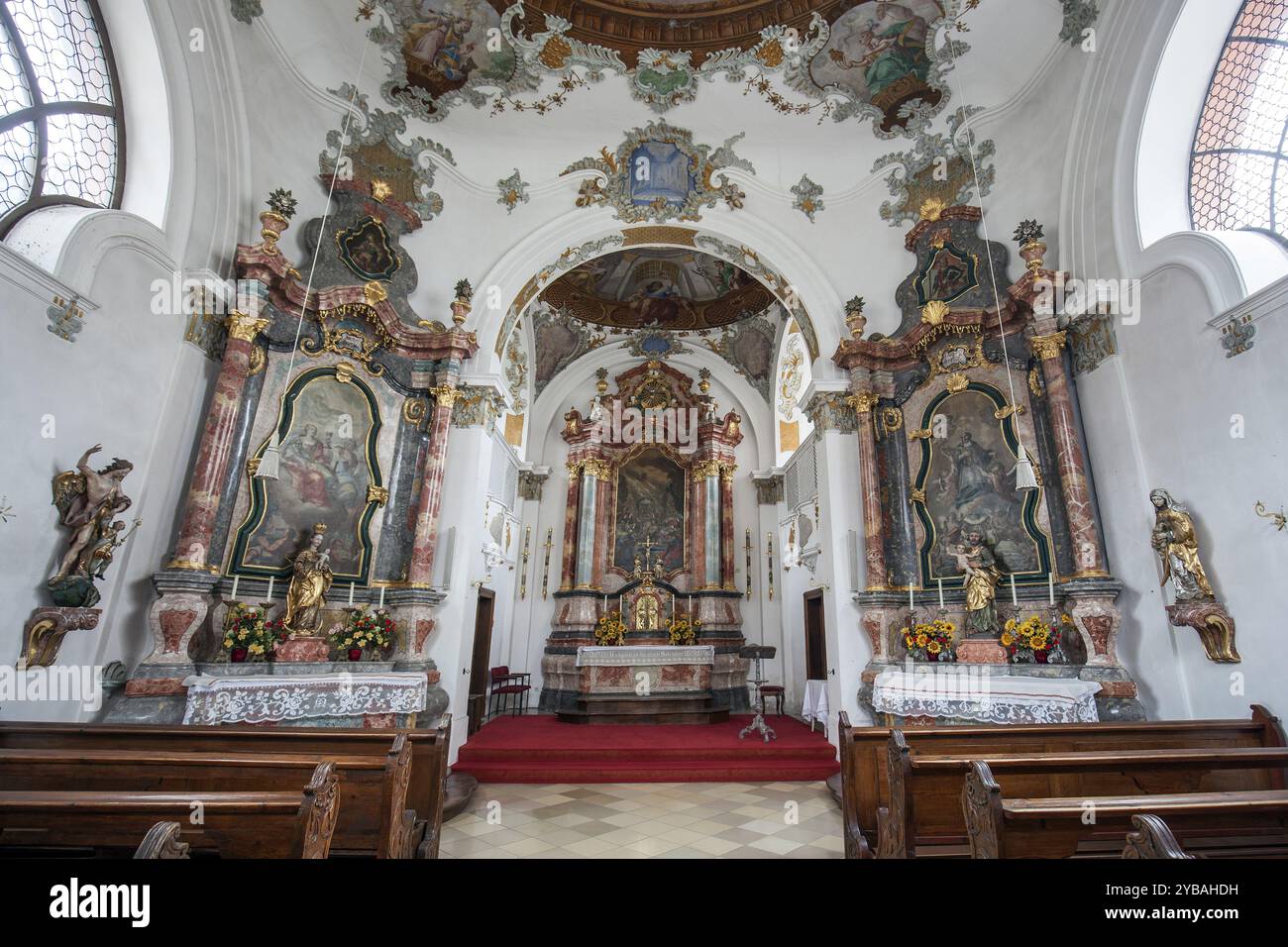 Church, baroque basilica St. Mang, interior view, side altar, Fuessen ...