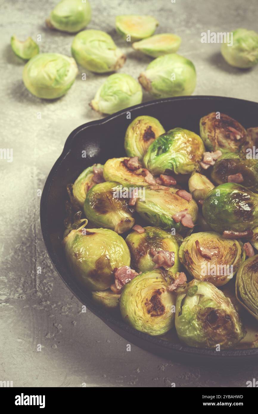 Roasted brussels sprouts, with bacon, vegetarian food, homemade, no ...