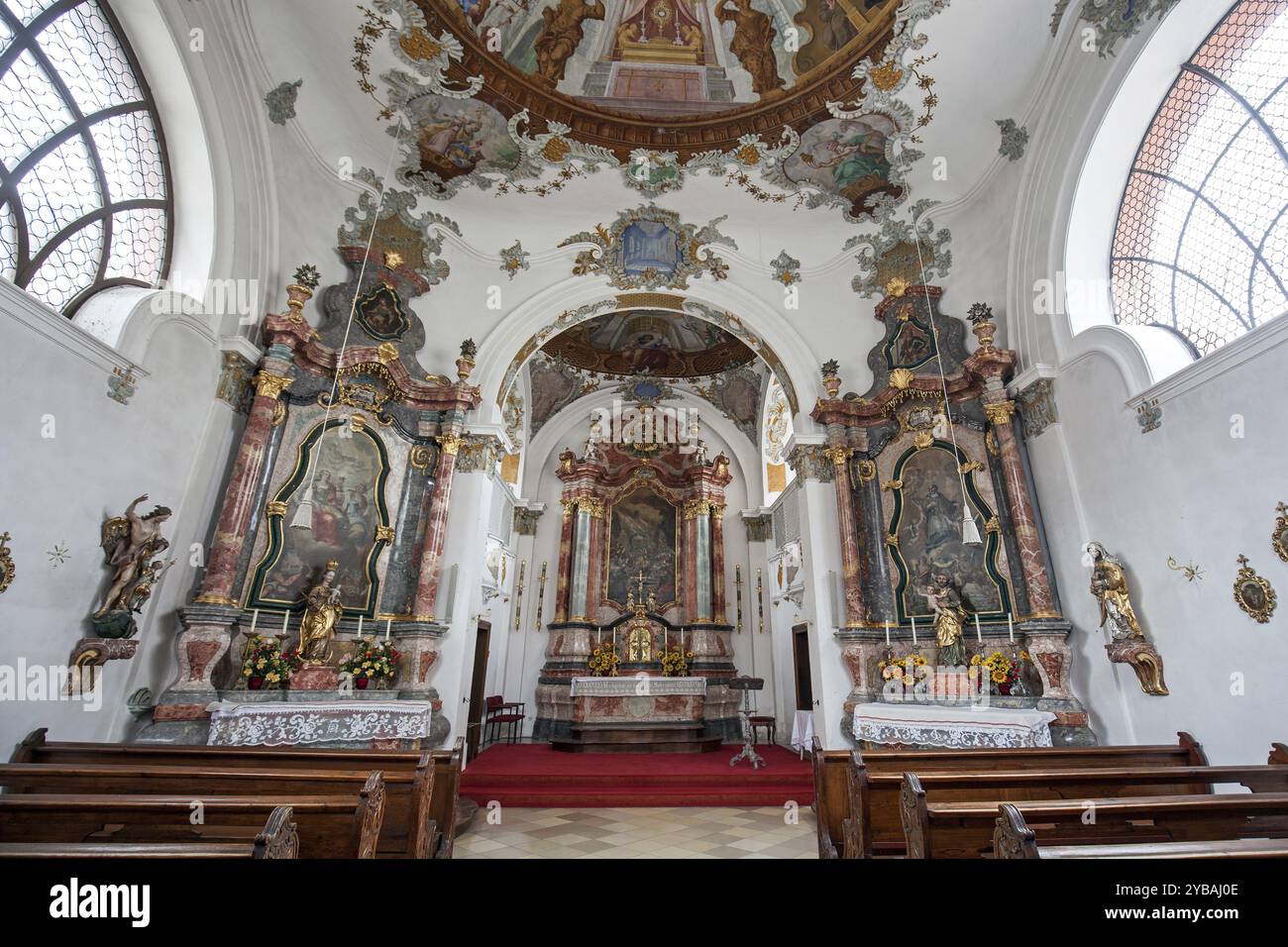 Church, baroque basilica St. Mang, interior view, side altar, Fuessen ...