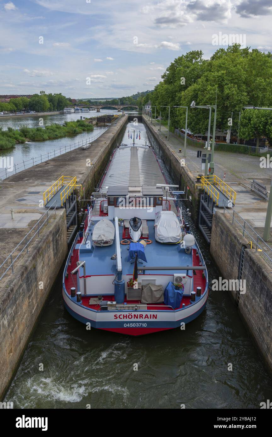 Barge in a lock of the Main near Heiligenbruecke, Wuerzburg ...