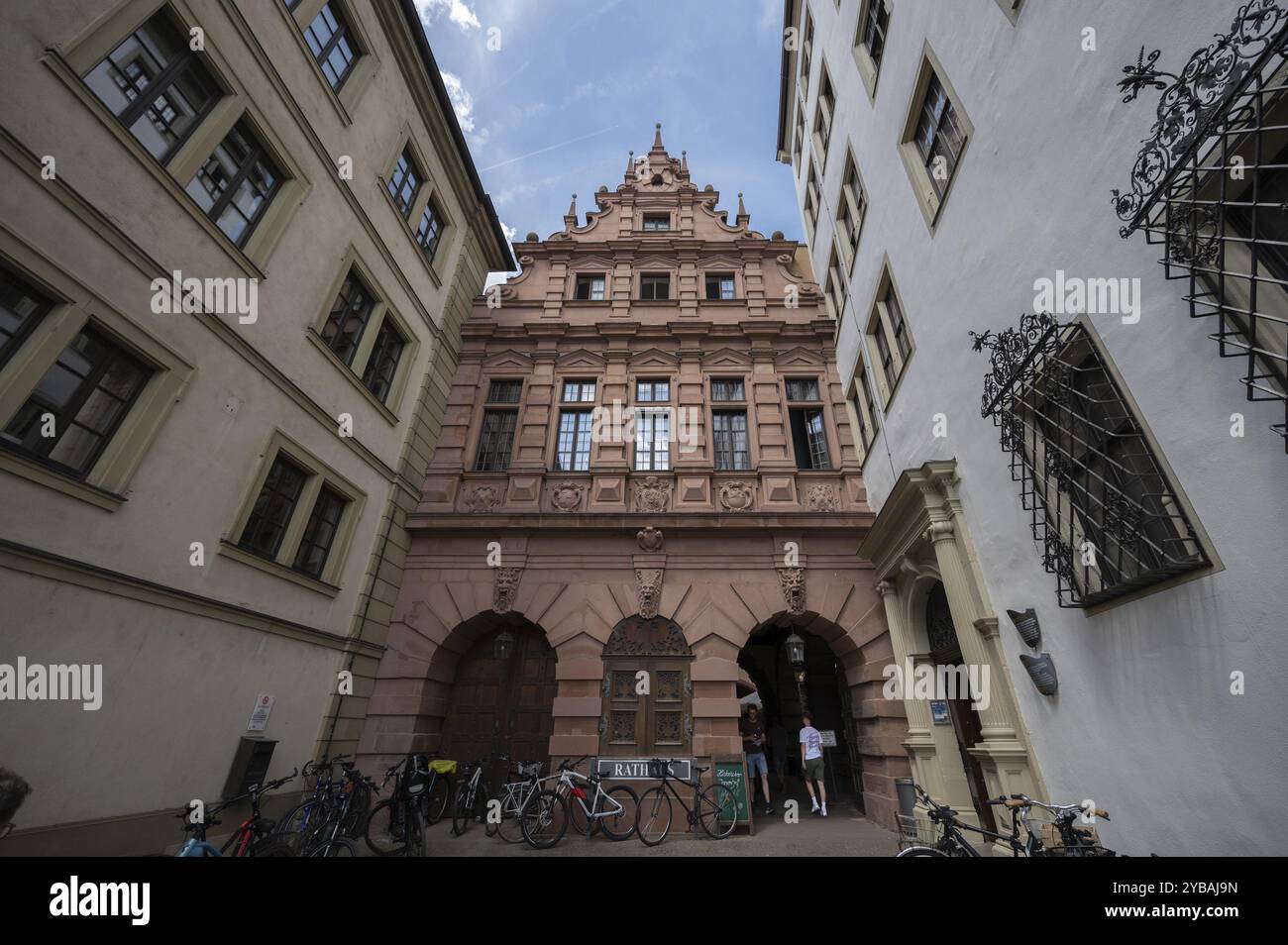 South entrance of the town hall red building, Wuerzburg, Lower ...