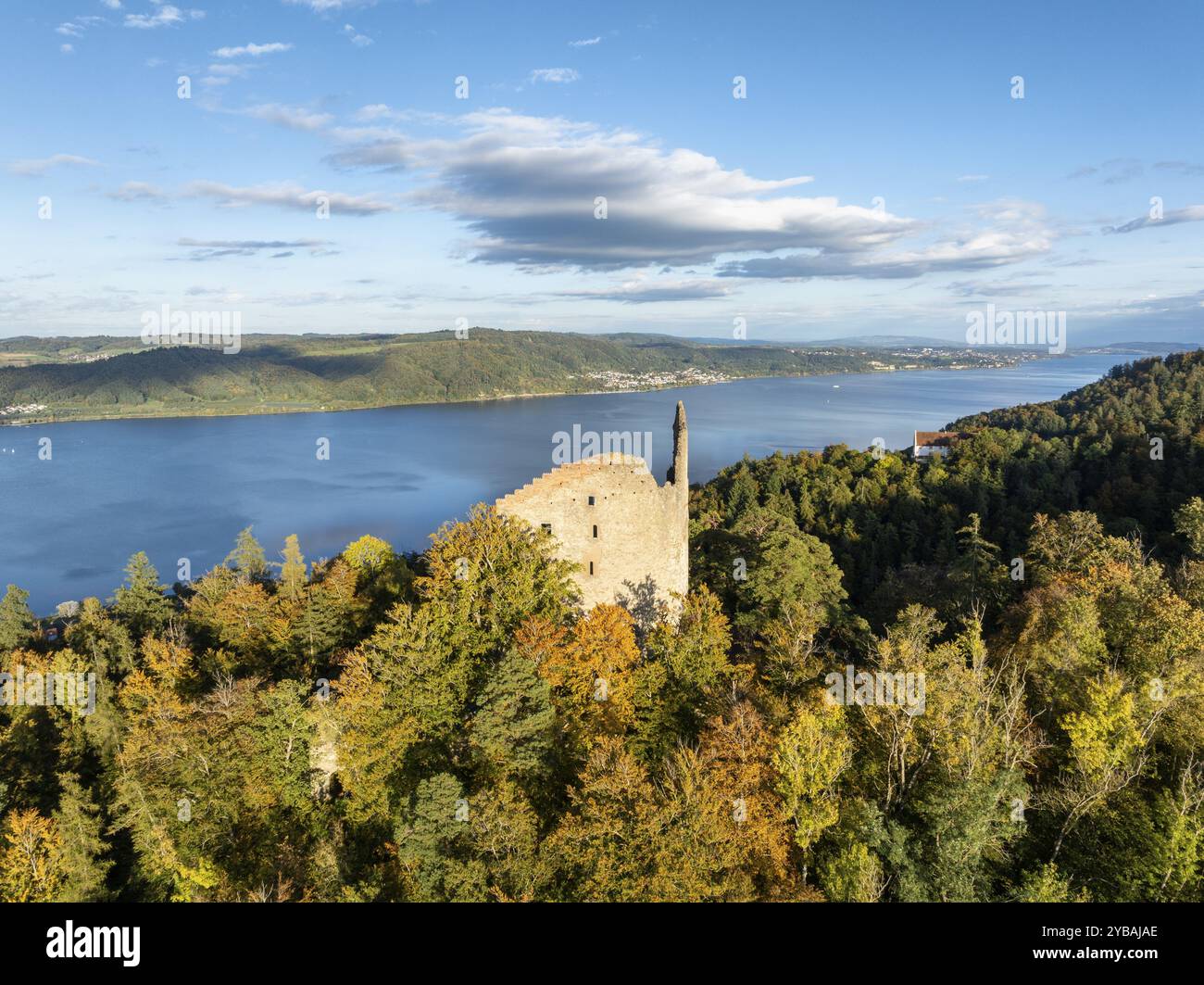 Aerial view of Lake Constance, Ueberlinger See, with the ruin Altbodman ...