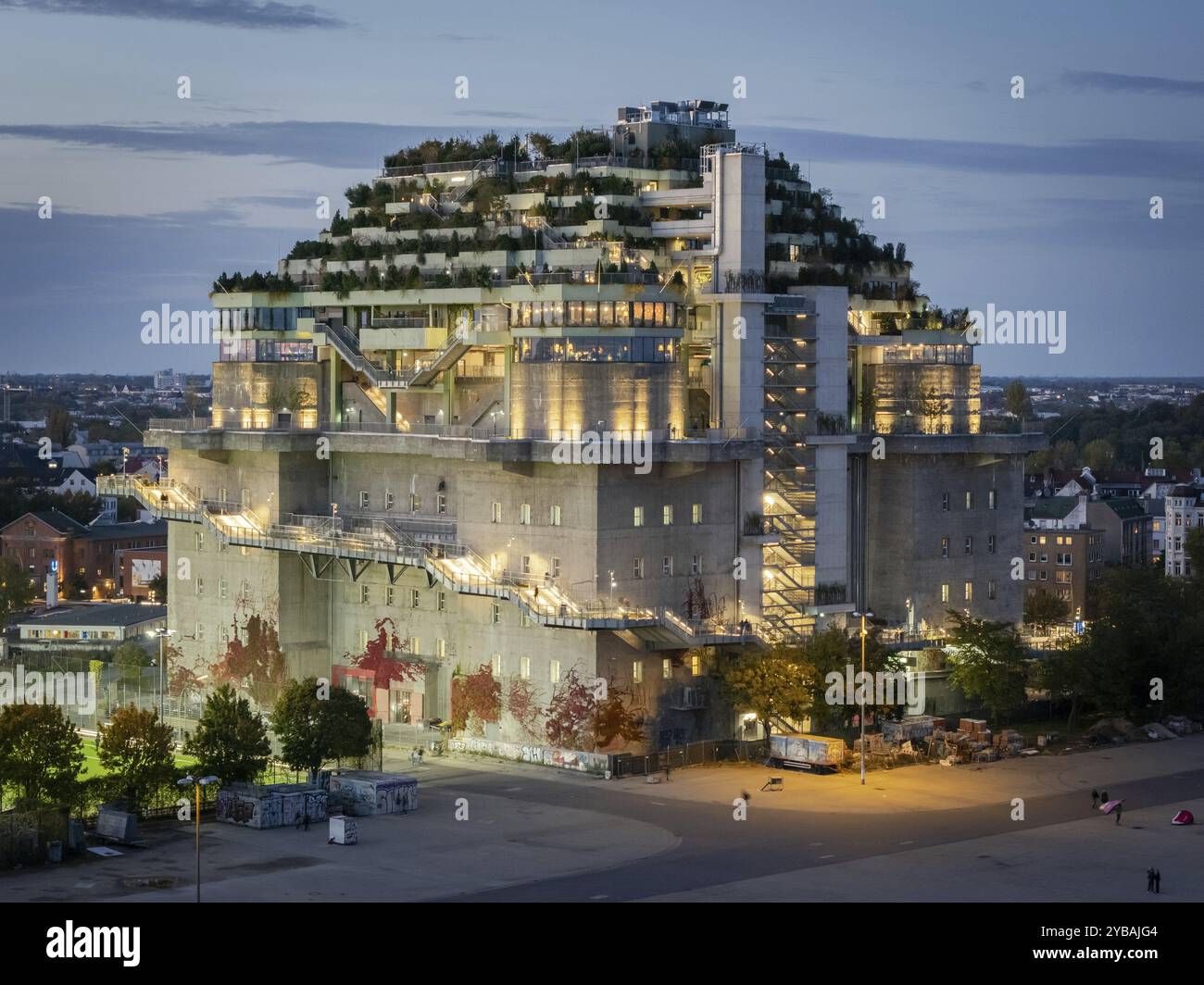 Aerial view of the Hamburg Bunker with green terraces and modern ...