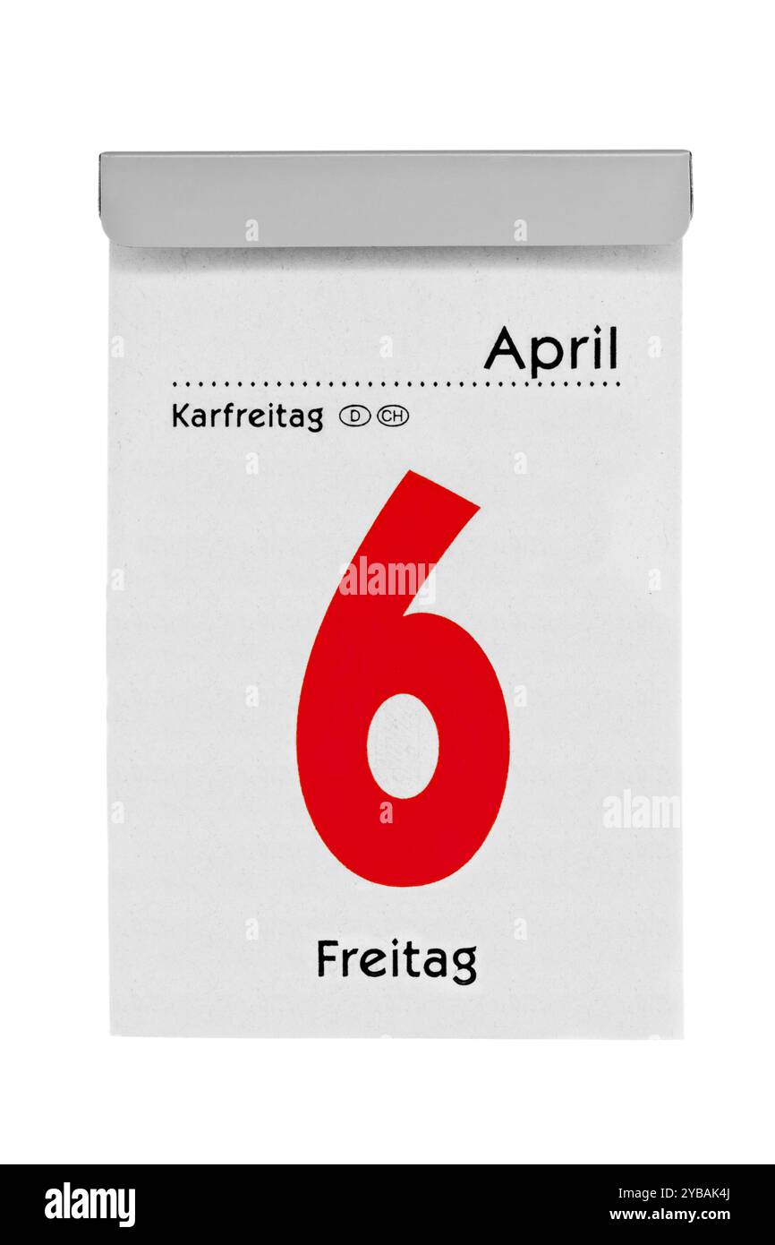 Tear-off calendar shows Good Friday, against a white background Stock ...