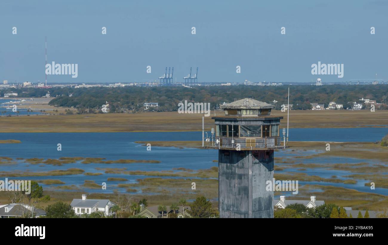 Aerial view of the Charleston Light Lighthouse on Sullivans Island ...