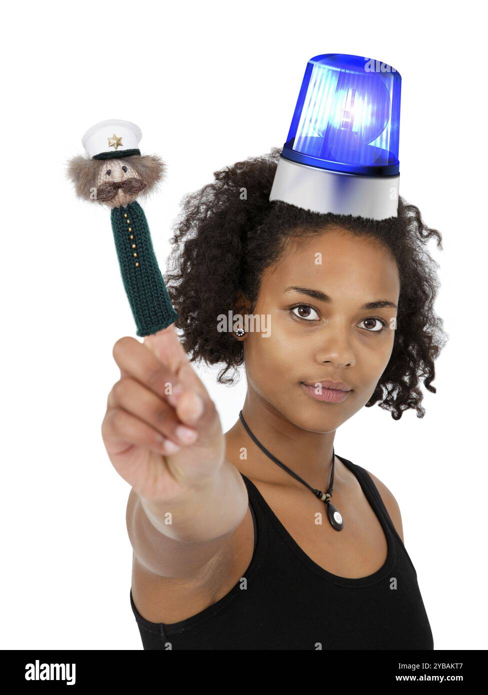 Migrant with blue light on her head, symbolic image immigration, police ...