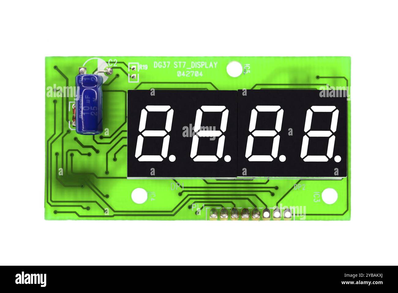 Circuit board with 4-digit digital display, against a white background ...