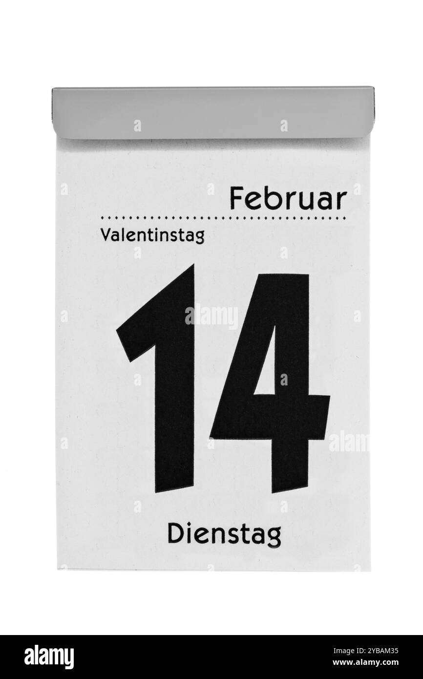 Tear-off calendar showing Valentine's Day, against a white background ...
