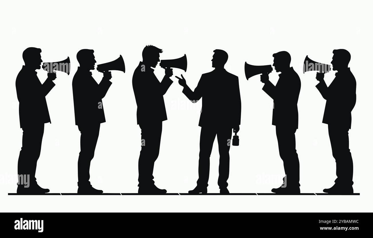 Silhouette of six men in suits, five with megaphones, emphasizing ...