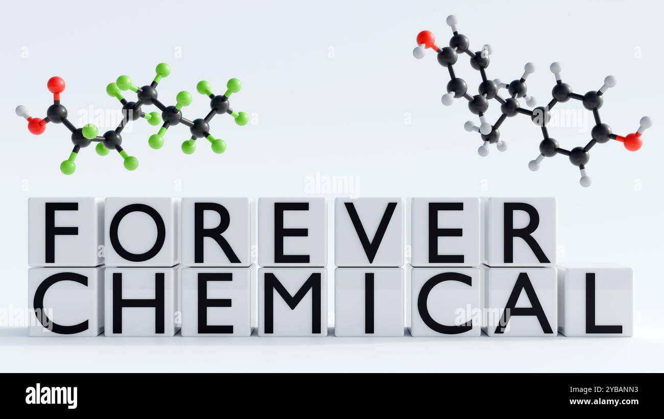 3d rendering of molecular structures and the word "FOREVER CHEMICAL" in ...