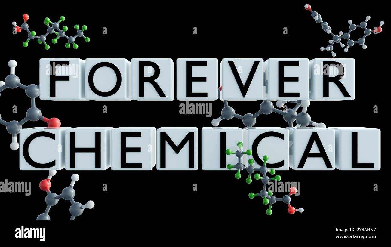 3d rendering of molecular structures and the word "FOREVER CHEMICAL" in ...