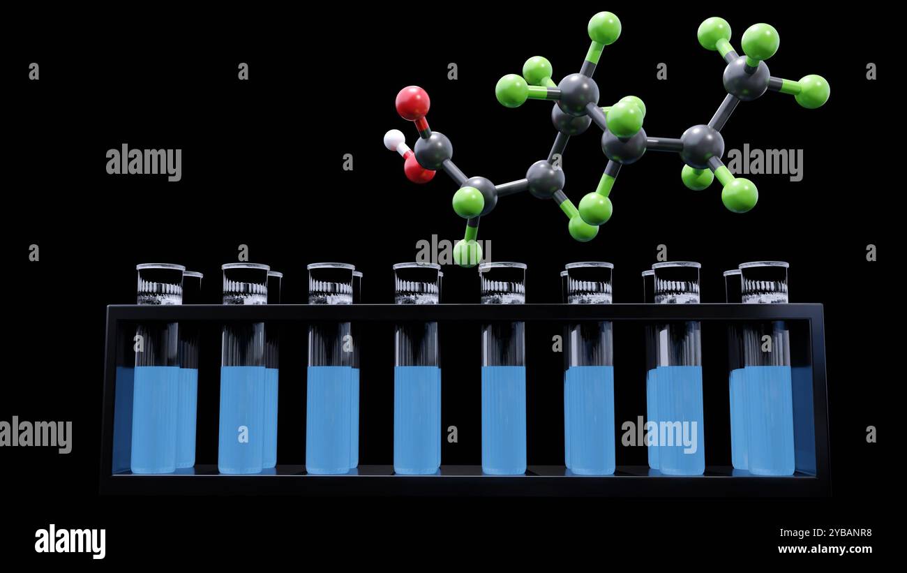 A 3D rendering of perfluorooctanoic acid (PFOA) molecules is showcased ...