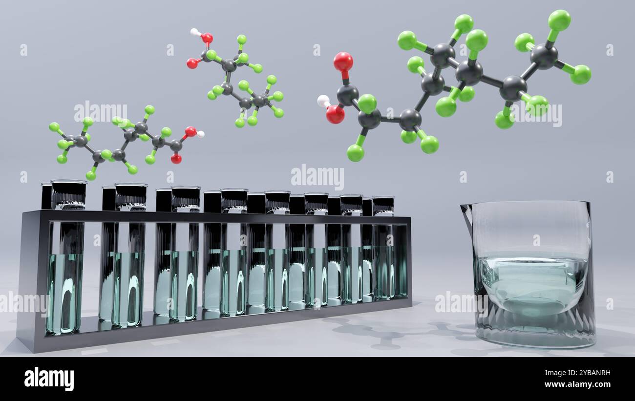 A 3D rendering of perfluorooctanoic acid (PFOA) molecules is showcased ...