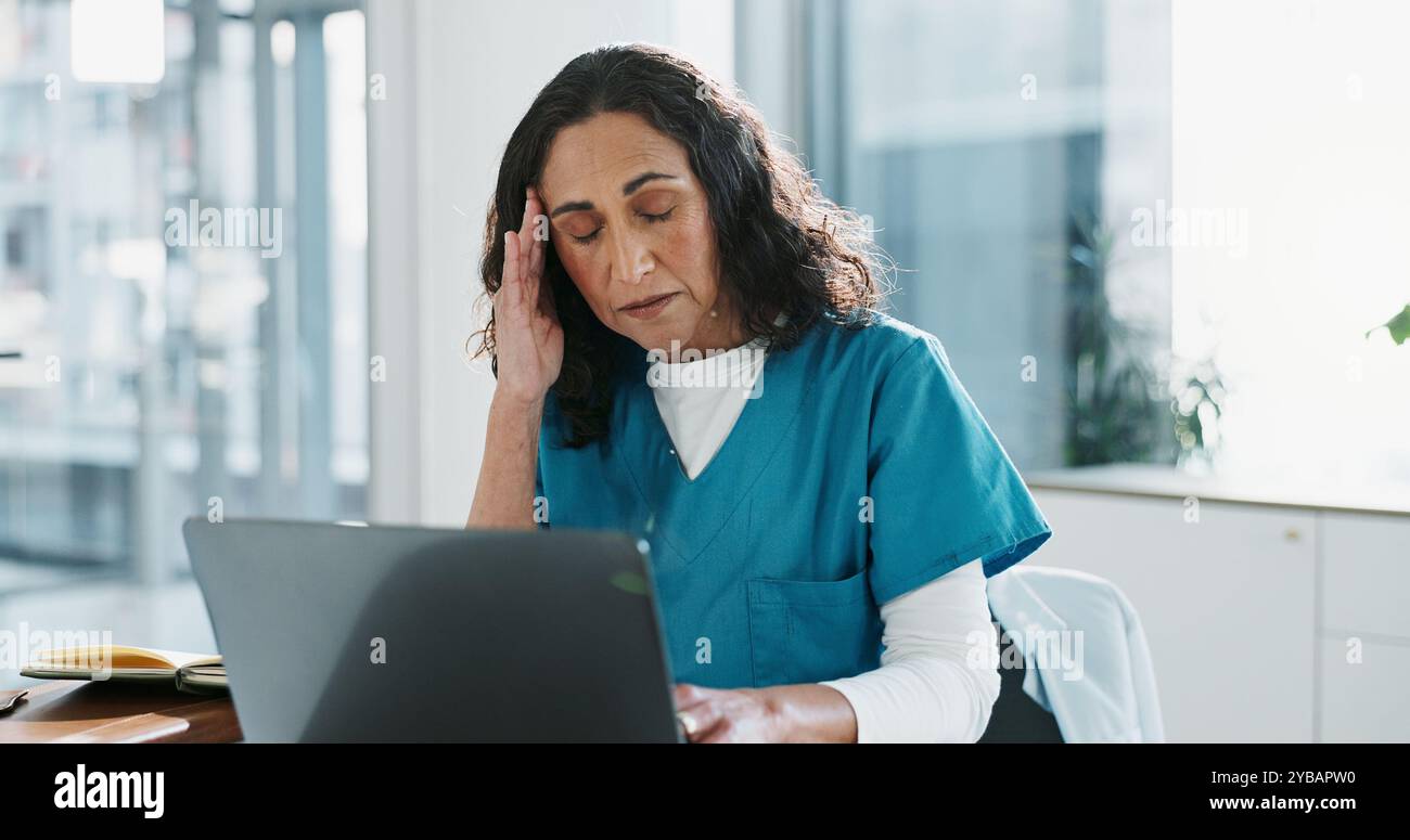 Stress, laptop and doctor with headache at hospital for typing ...