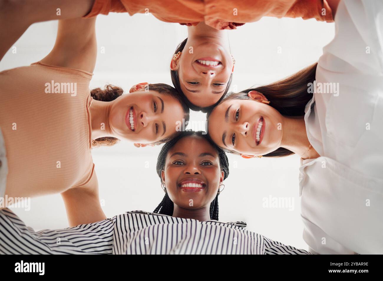 Office, business people and portrait with hug for teamwork, support and ...
