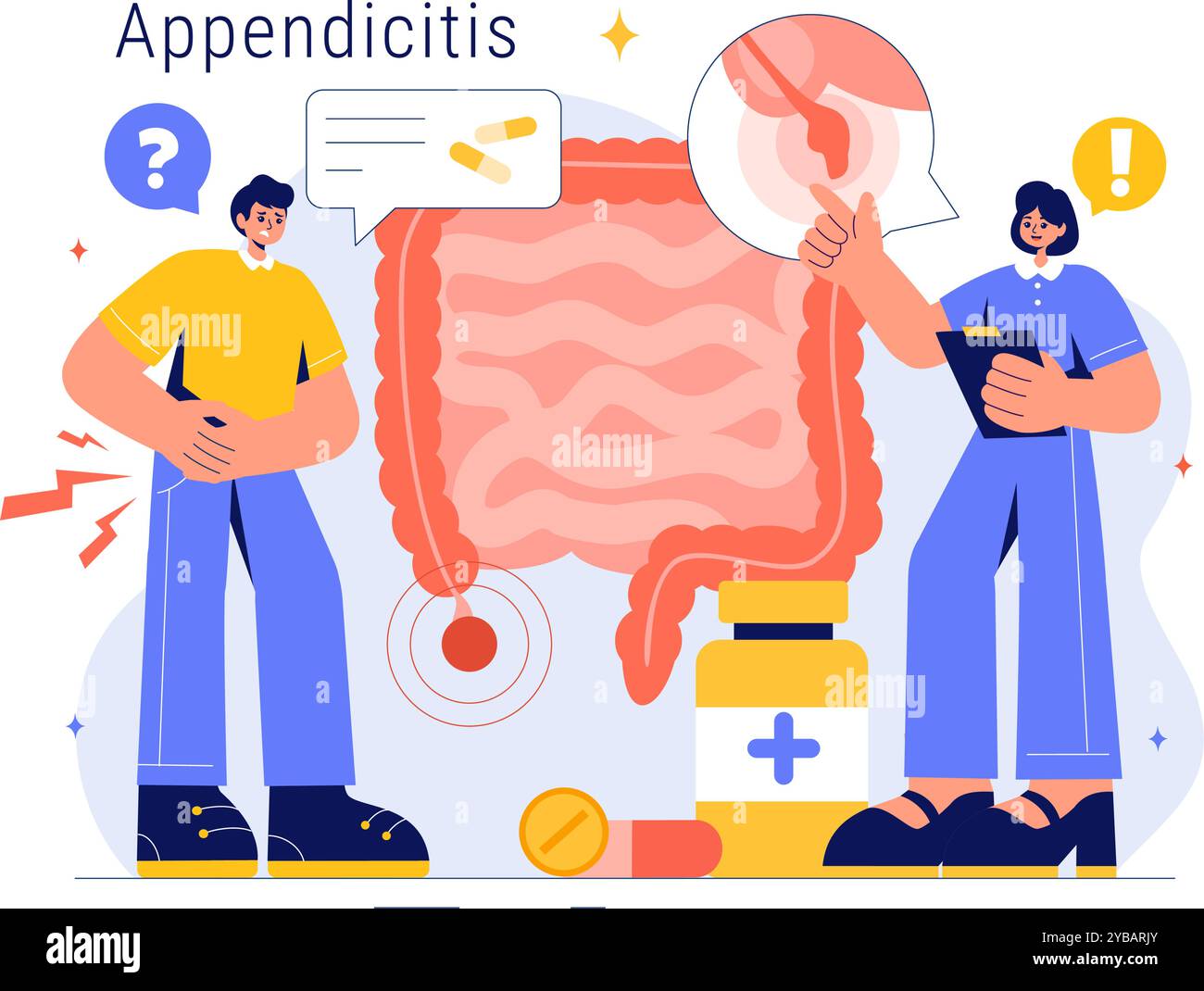 Appendicitis Vector Illustration Featuring Inflammation of the Appendix and Stomach Treatment in ...