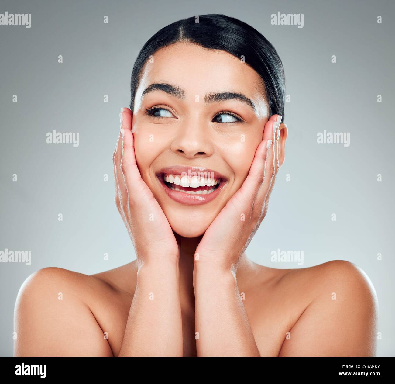 Skincare, beauty and woman in studio with hydration, collagen and ...