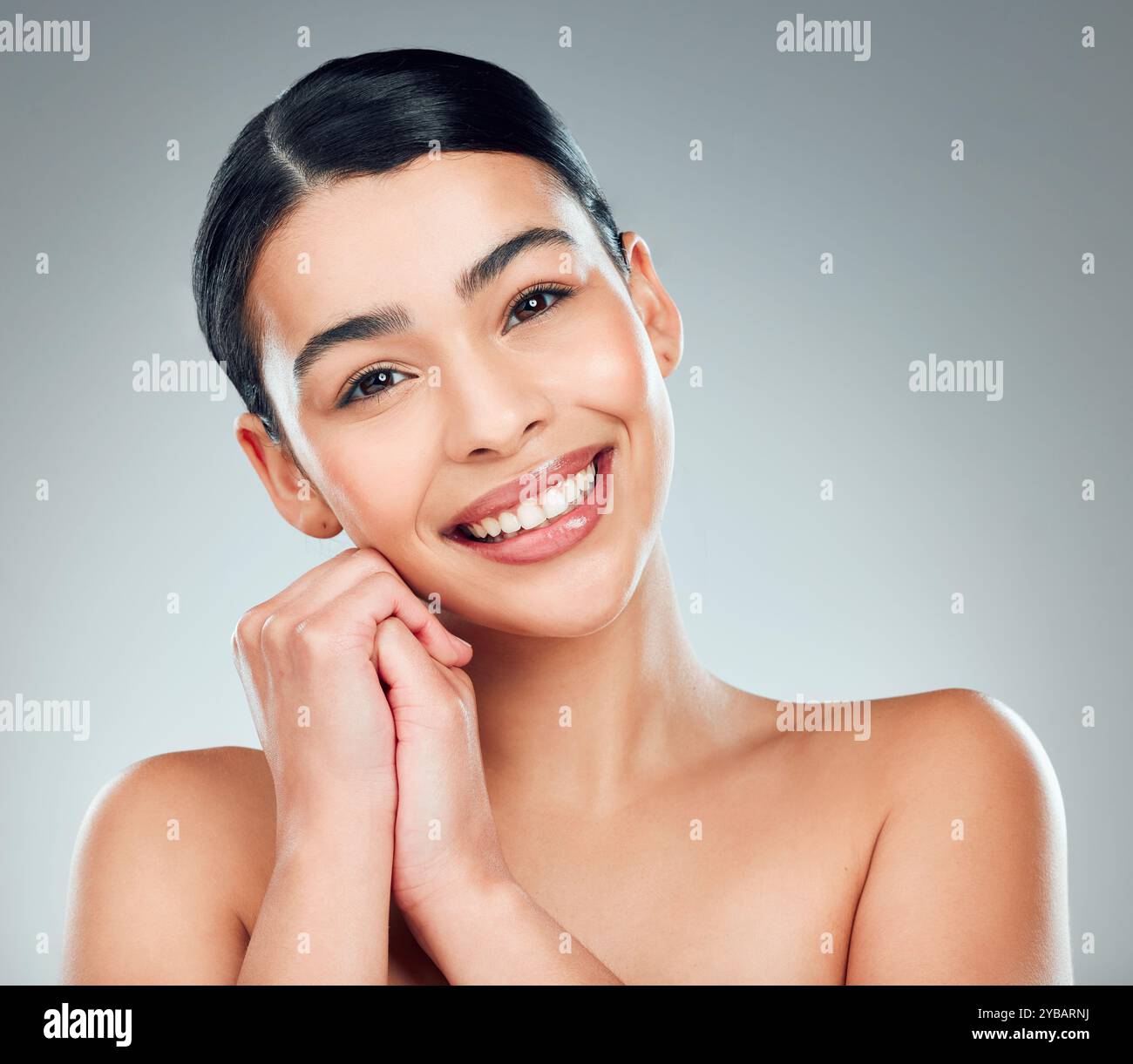 Skincare, happy and portrait of woman in studio with hydration ...
