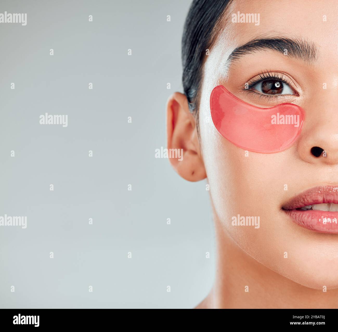 Woman, face and eye patch with beauty for skincare, cosmetics or ...