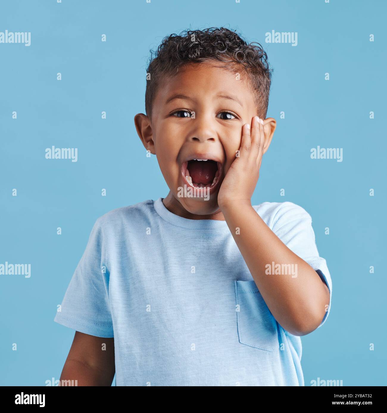 Shout, shocked and portrait of child in studio for information ...