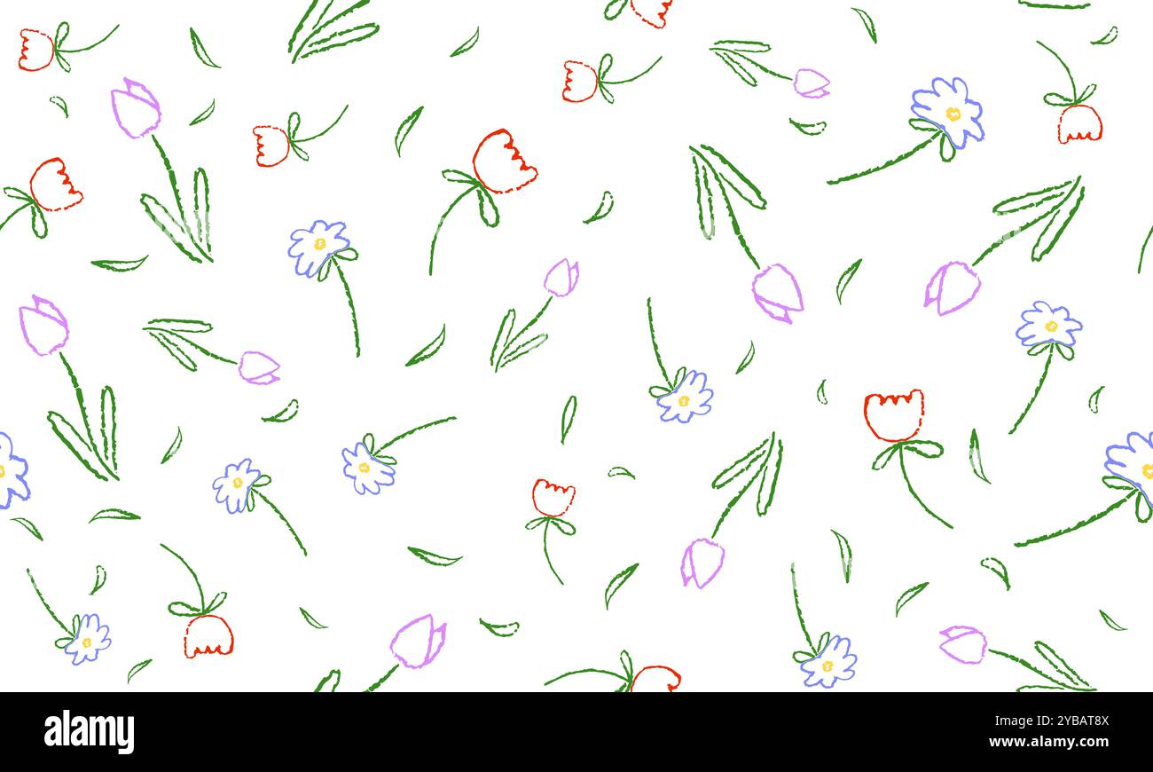 Colorful seamless pattern with simple flowers. Bloom botanical elements drawing by wax pencil on ...