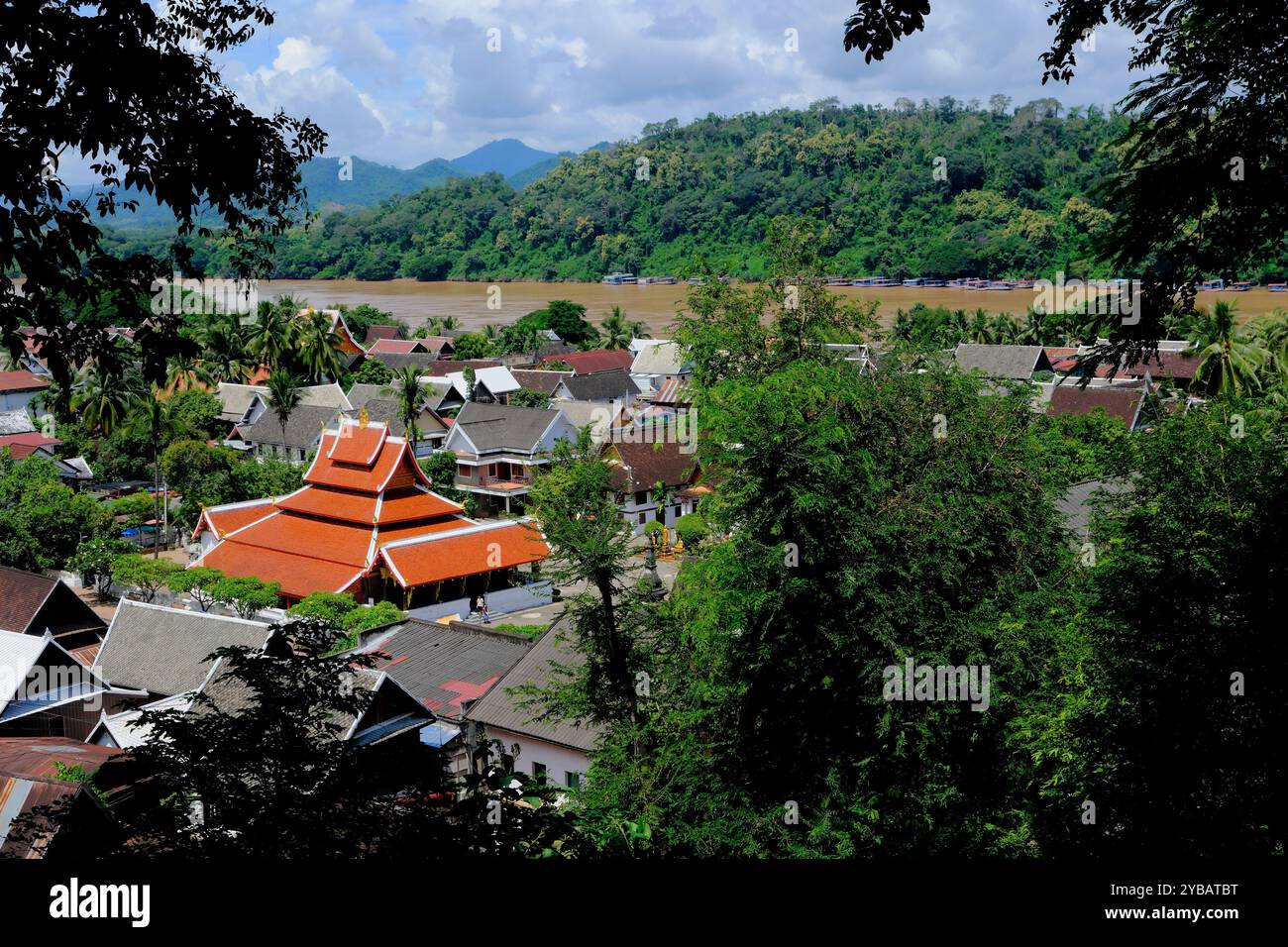 The aerial view of Old Town of Luang Prabang, a UNESCO World Heritage ...