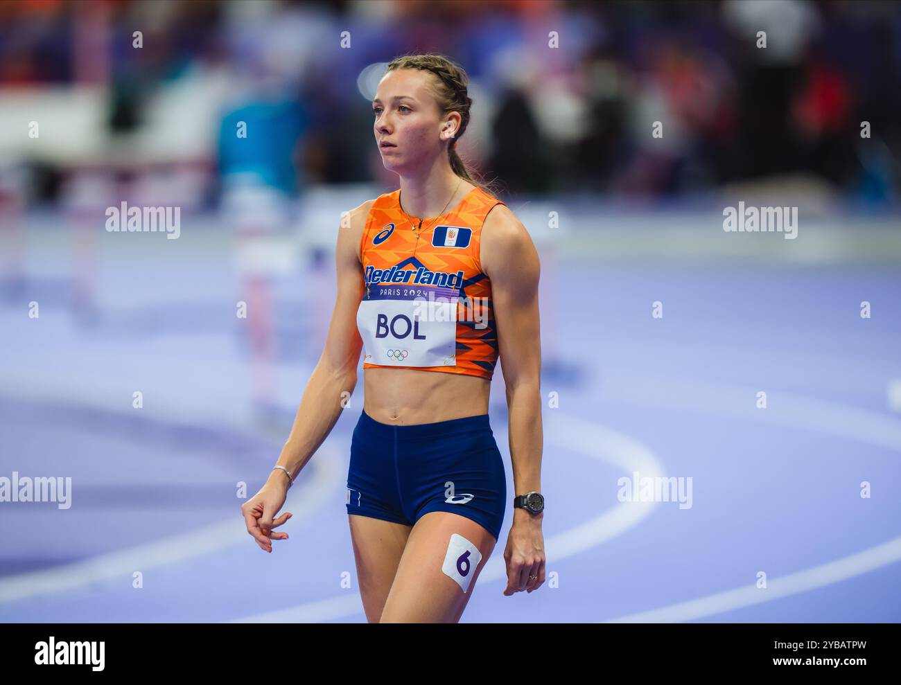 Femke Bol participating in the 400 meters hurdles at the Paris 2024 ...