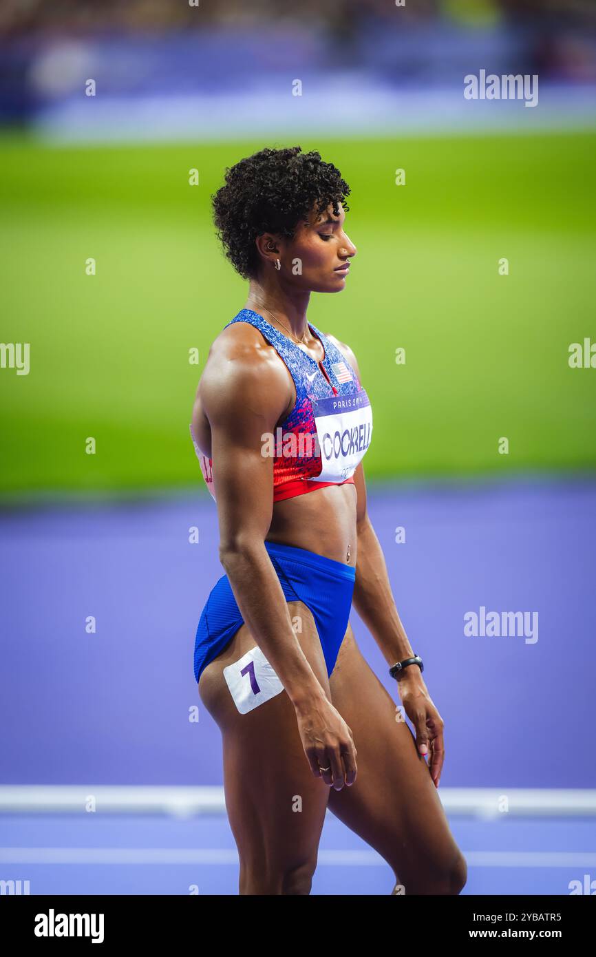Anna Cockrell participating in the 400 meters hurdles at the Paris 2024 ...