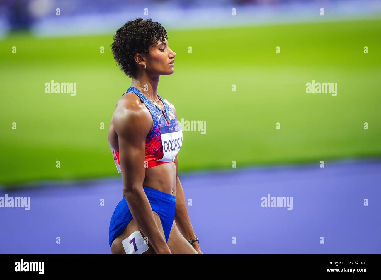 Anna Cockrell participating in the 400 meters hurdles at the Paris 2024 ...